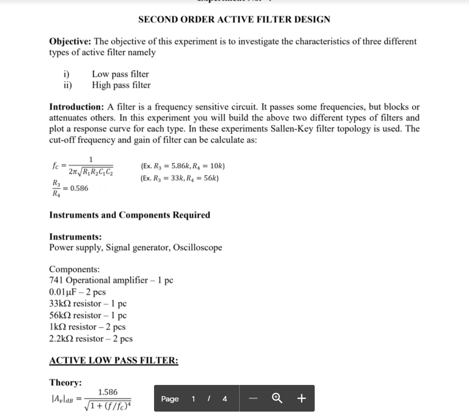 SECOND ORDER ACTIVE FILTER DESIGN Objective: The | Chegg.com