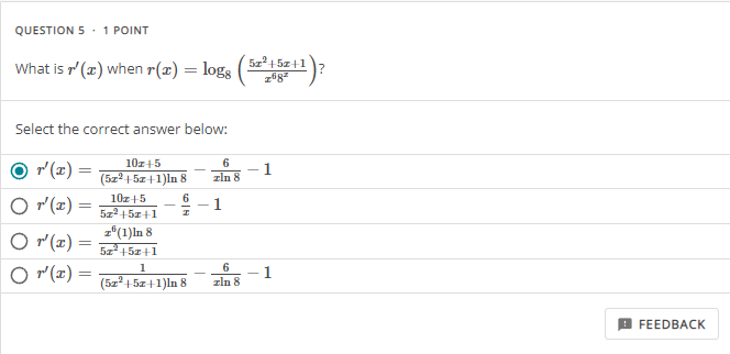 Solved What is r′(x) when r(x)=log8(x68x5x2+5x+1)? Select | Chegg.com
