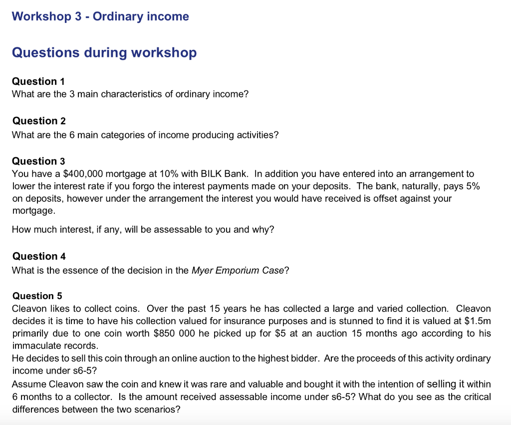 Workshop 3 - Ordinary income Questions before | Chegg.com