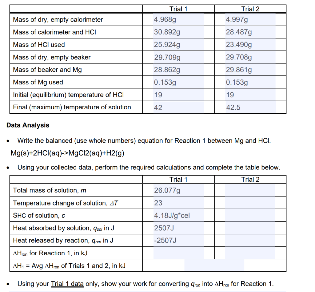 Solved Using trial 1 data, show your work for converting | Chegg.com
