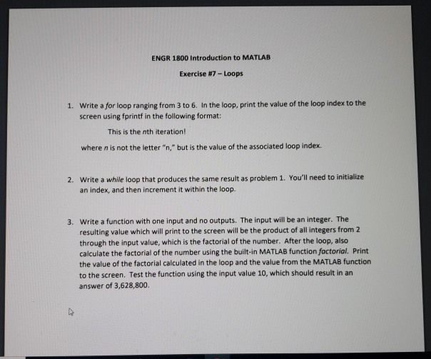 Solved: ENGR 1800 Introduction To MATLAB Exercise #7- Loop... | Chegg.com