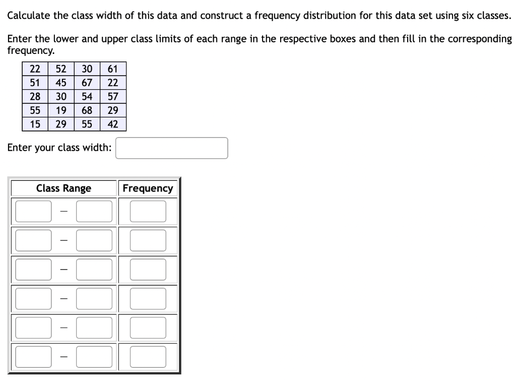 Solved Calculate the class width of this data and construct | Chegg.com