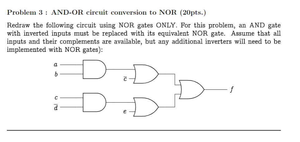 Solved Problem 3 : AND-OR circuit conversion to NOR (20pts.) | Chegg.com