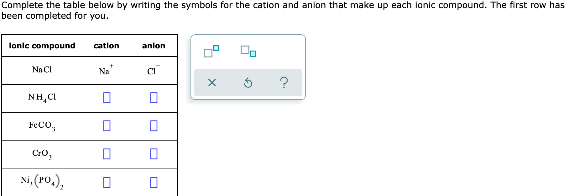 Solved Complete the table below by writing the symbols for | Chegg.com