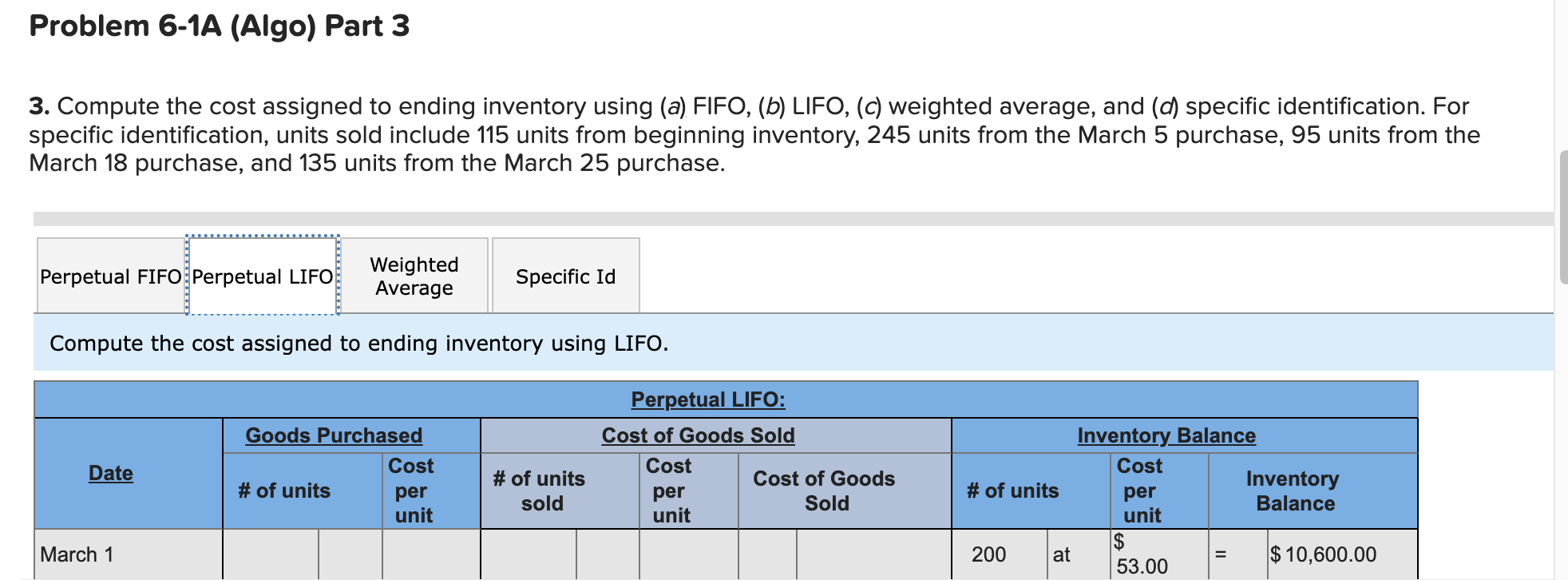 Solved Required information Problem 6-1A (Algo) Perpetual: | Chegg.com