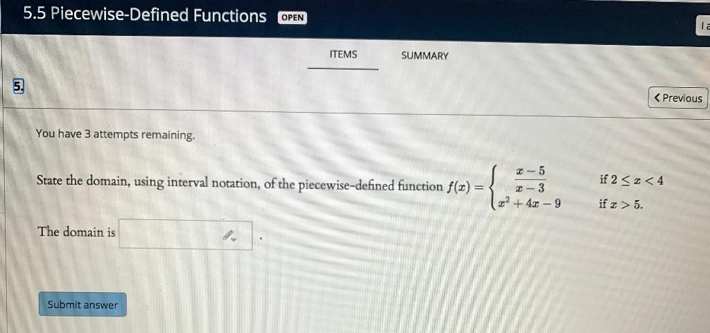Solved 5.5 Piecewise-Defined Functions OPEN la ITEMS SUMMARY | Chegg.com