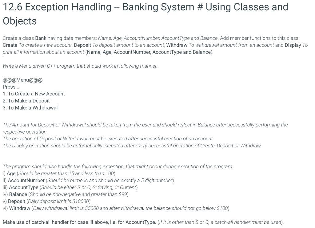 12.6 Exception Handling - Banking System #Using | Chegg.com