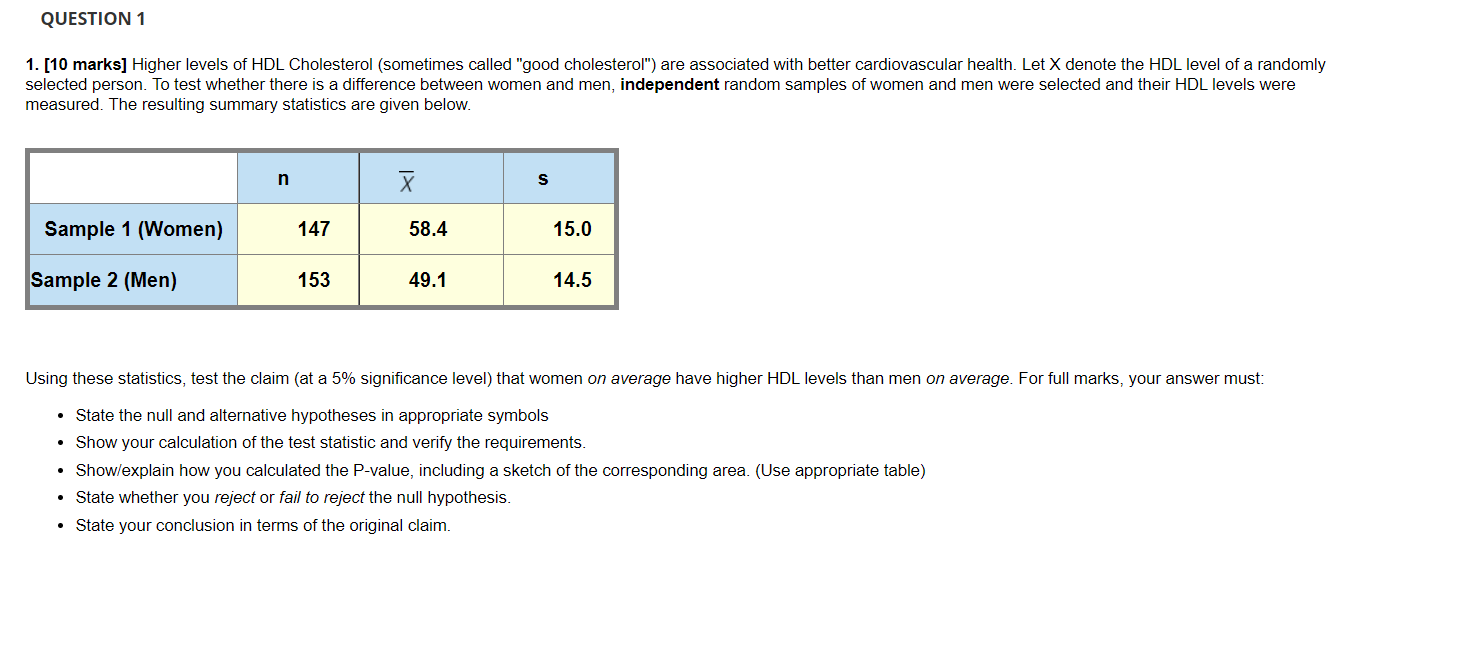 Solved QUESTION 1 1. [10 marks] Higher levels of HDL | Chegg.com