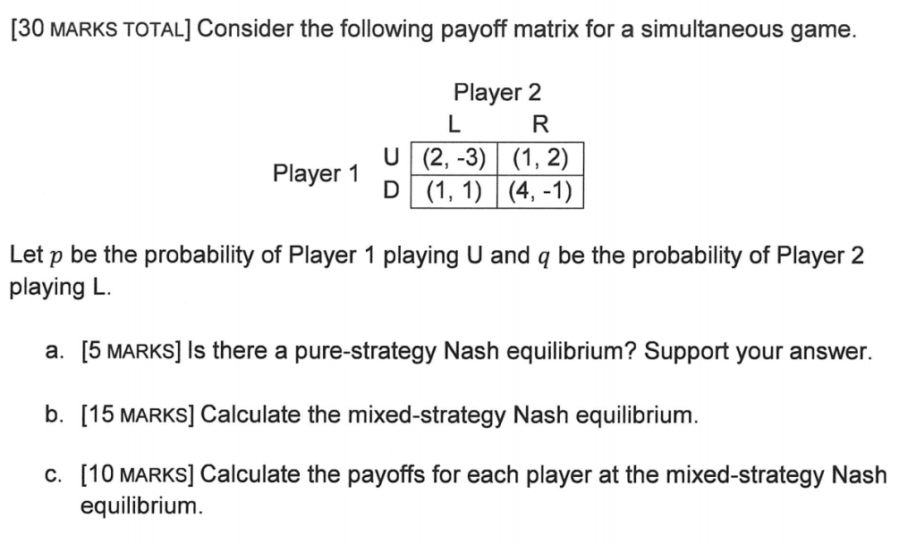 Solved [30 MARKS TOTAL] Consider the following payoff matrix | Chegg.com
