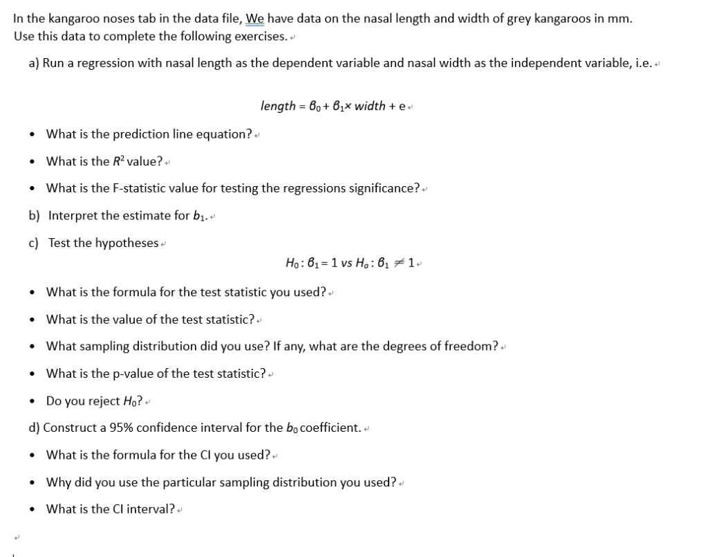 Solved In the kangaroo noses tab in the data file, We have | Chegg.com