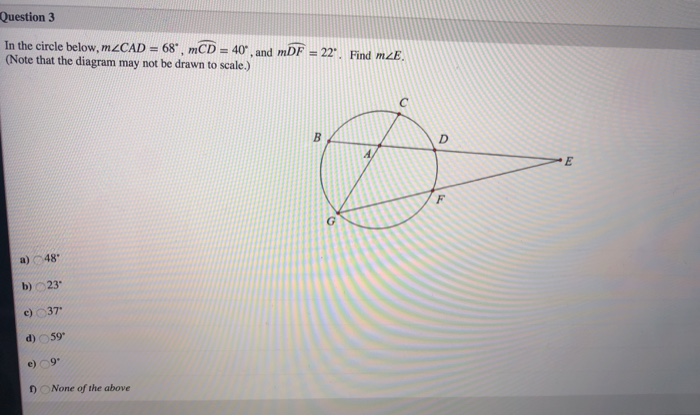 Solved Question 3 In the circle below. mzCAD-68" , mCD = | Chegg.com