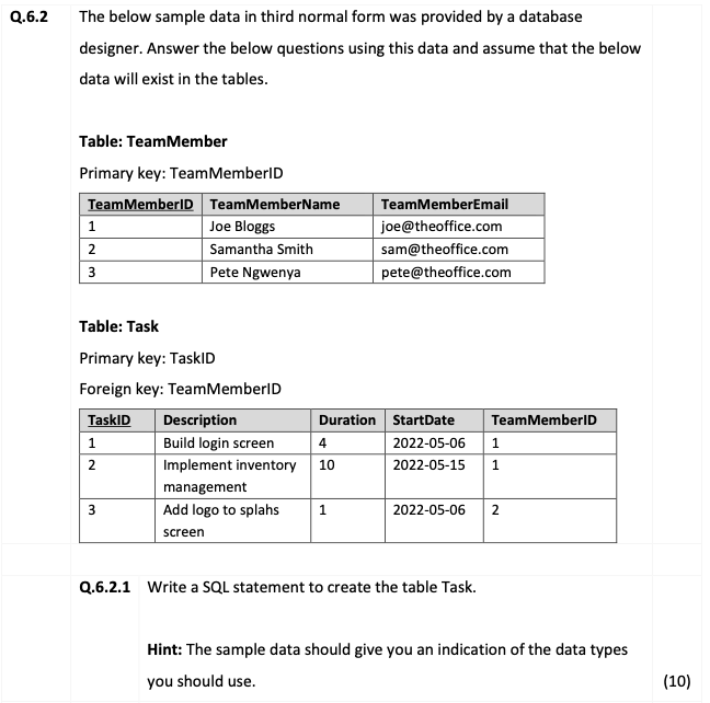 Solved Q.6.2 The below sample data in third normal form was | Chegg.com