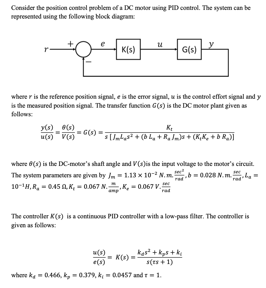 Consider the position control problem of a DC motor | Chegg.com