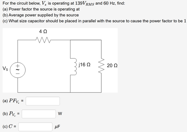 Solved For the circuit below, Vs is ﻿operating at 139VRMS | Chegg.com