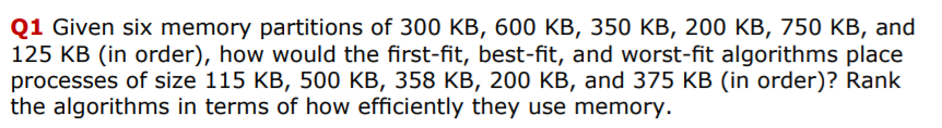 Solved QĪ Given six memory partitions of 300 KB, 600 KB, 350 | Chegg.com