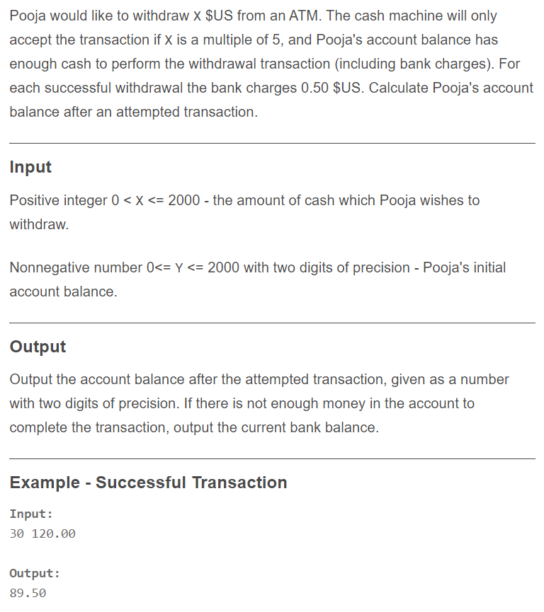 Solved Pooja would like to withdraw X $US from an ATM. The | Chegg.com