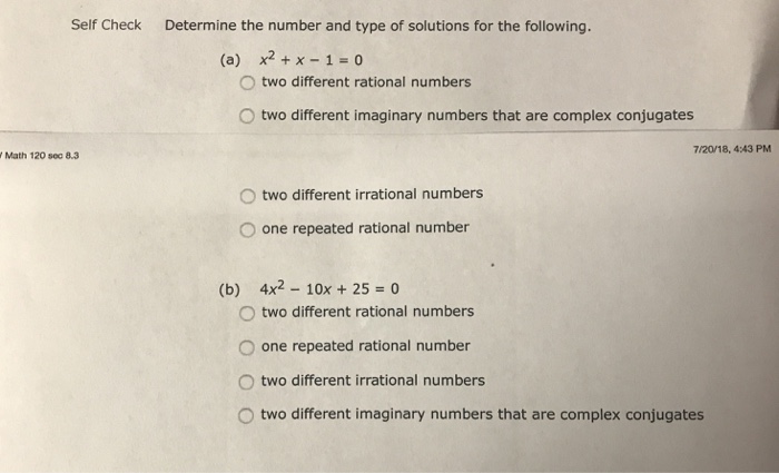 Solved Self Check Determine the number and type of solutions | Chegg.com
