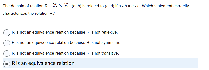 Solved The domain of relation R is Z×Z.(a,b) is related to | Chegg.com