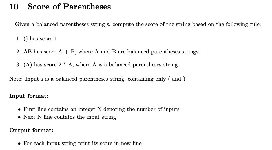 Solved 10 Score of Parentheses Given a balanced parentheses | Chegg.com