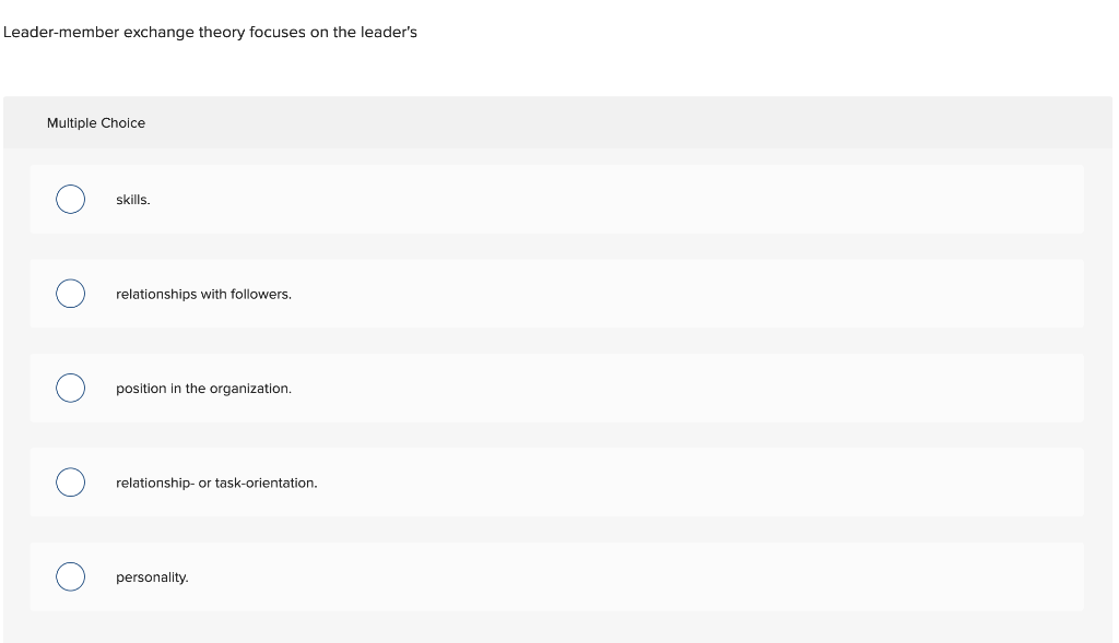 Solved Leader-member exchange theory focuses on the leader's | Chegg.com
