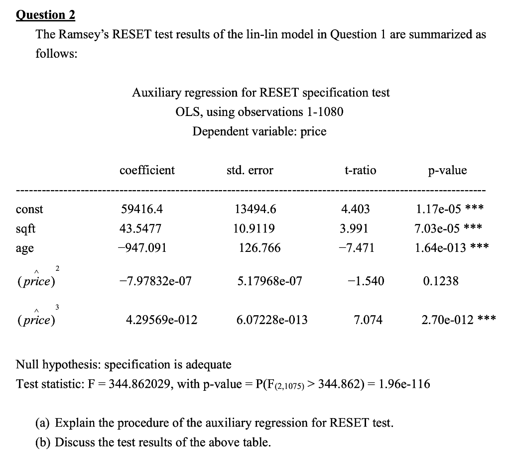 Solved Question 2 The Ramsey's RESET test results of the | Chegg.com