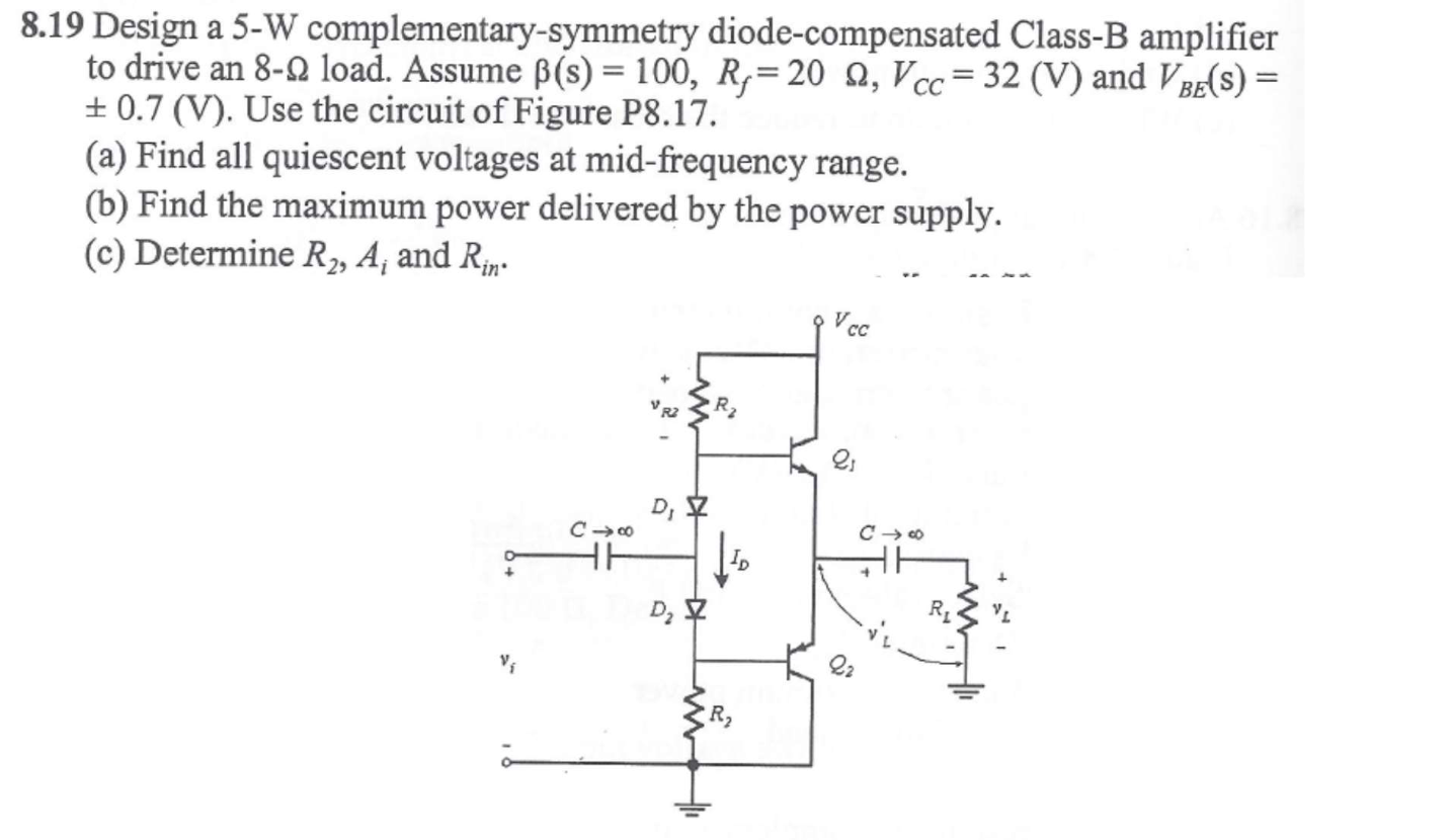 Solved 8.19 Design a 5-W complementary-symmetry | Chegg.com