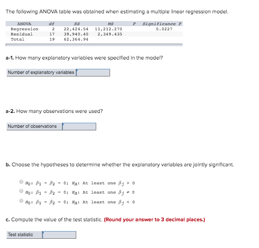 Solved The following ANOVA table was obtained when | Chegg.com