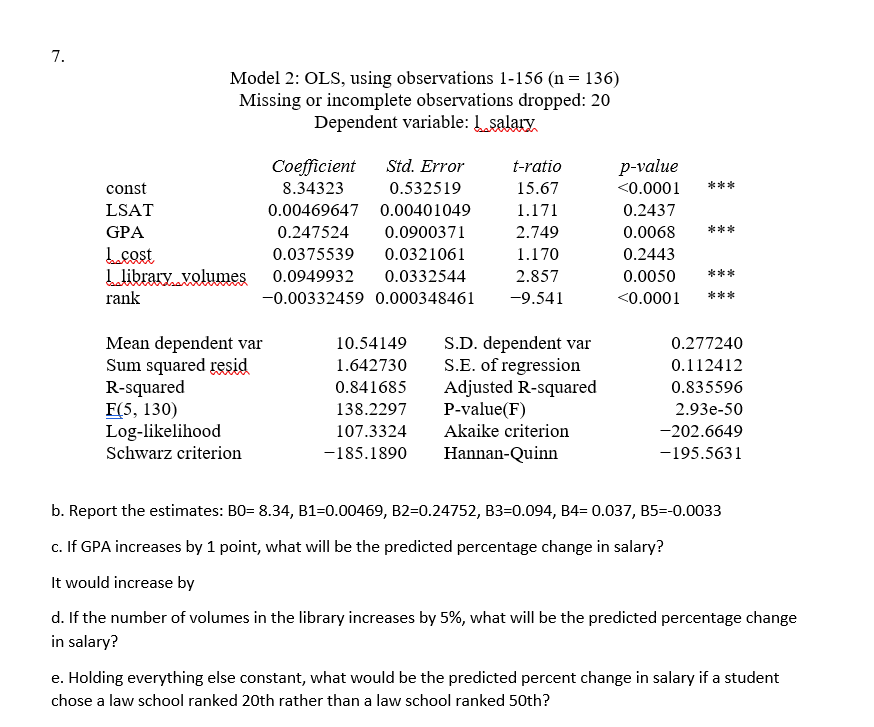 Solved 7. Model 2: OLS, using observations 1-156 (n = 136) | Chegg.com