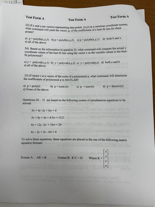 Solved 199 Test Form A Test Form A Test Form A representing | Chegg.com