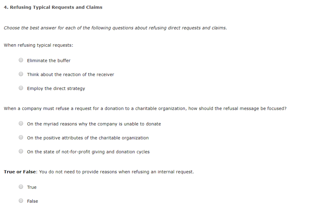 Solved 4. Refusing Typical Requests and Claims Choose the | Chegg.com
