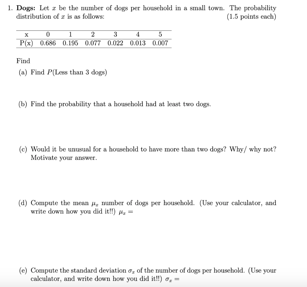 Solved Dogs: Let x be the number of dogs per household in a | Chegg.com