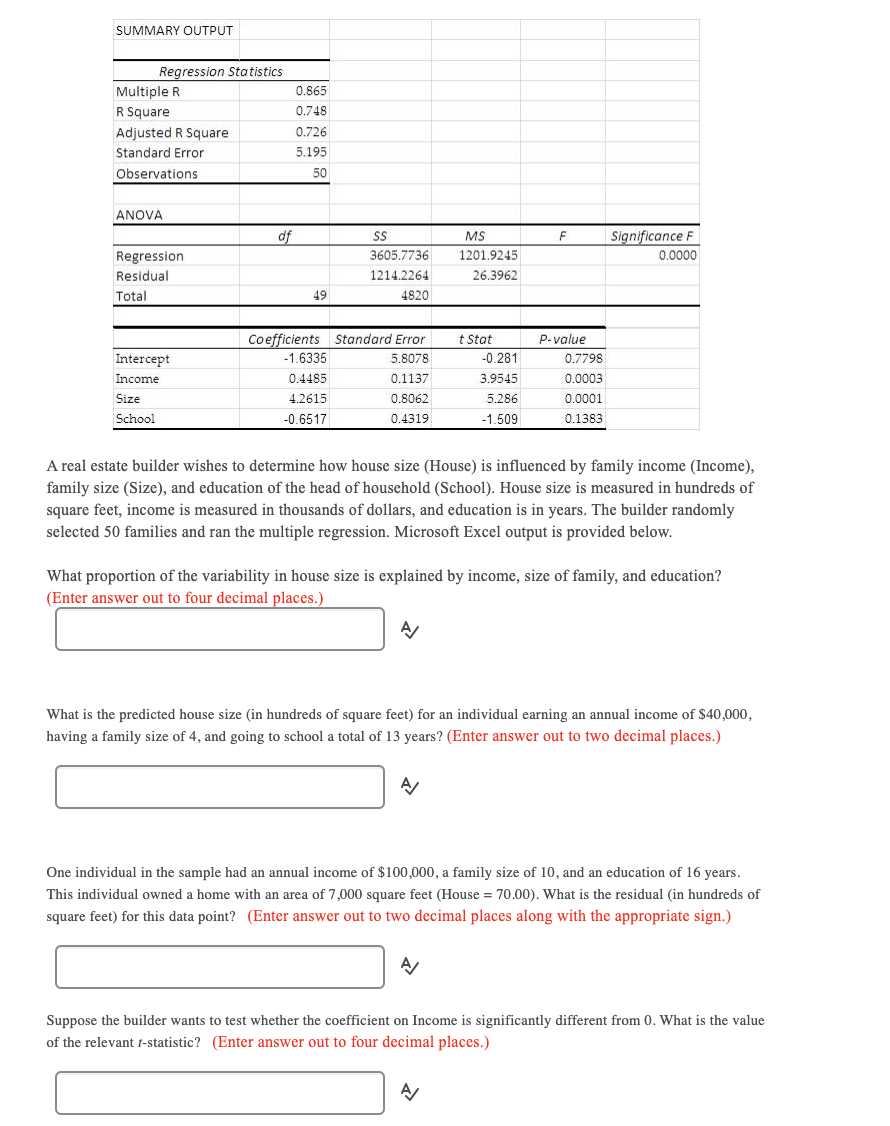 Solved SUMMARY OUTPUT Regression Statistics Multiple R R | Chegg.com