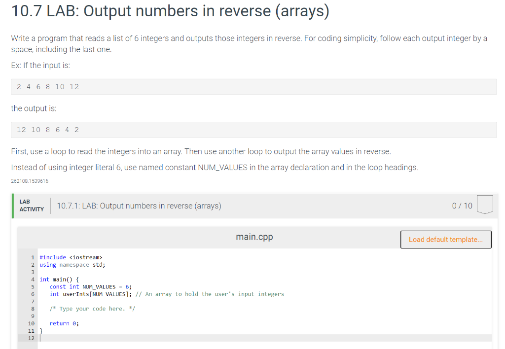 Solved 10 7 LAB Output Numbers In Reverse arrays Write A Chegg
