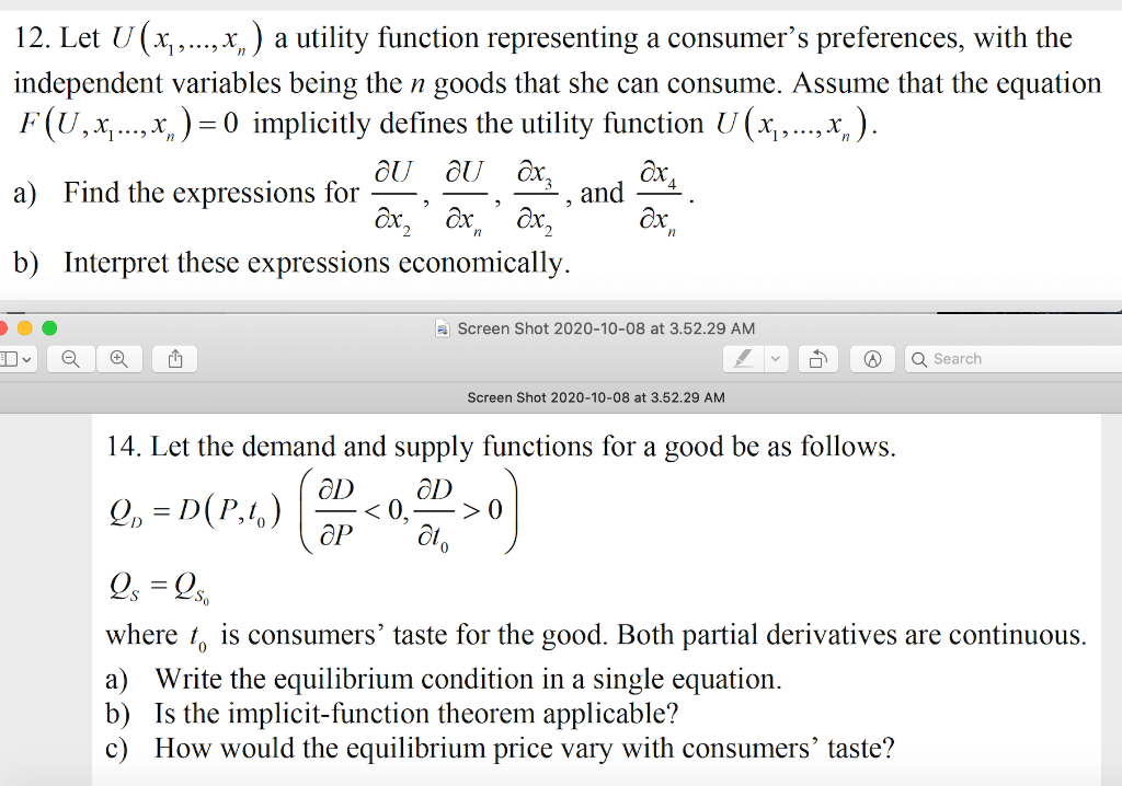 12. Let U (x...., x, ) a utility function | Chegg.com