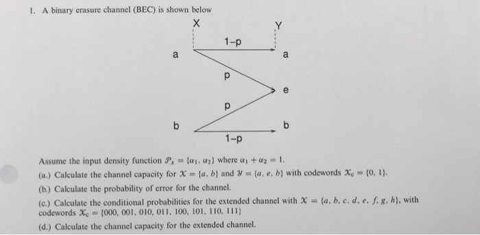 Solved 1. A binary erasure channel (BEC) is shown below 1-p | Chegg.com