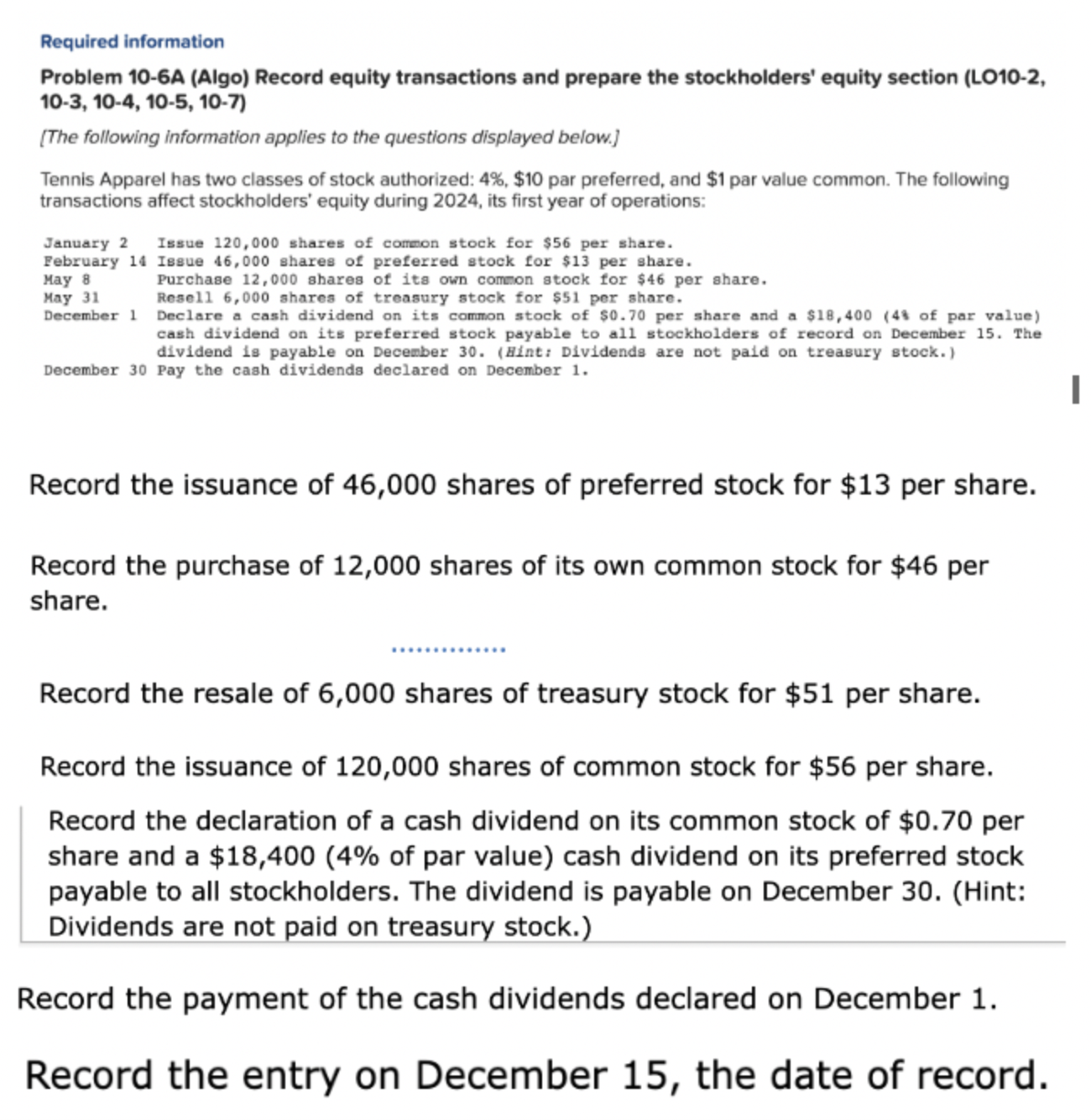 Solved Required information Problem 10-6A (Algo) Record | Chegg.com