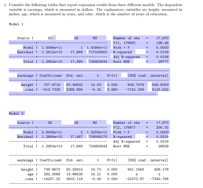 Solved 1. Consider the following tables that report | Chegg.com