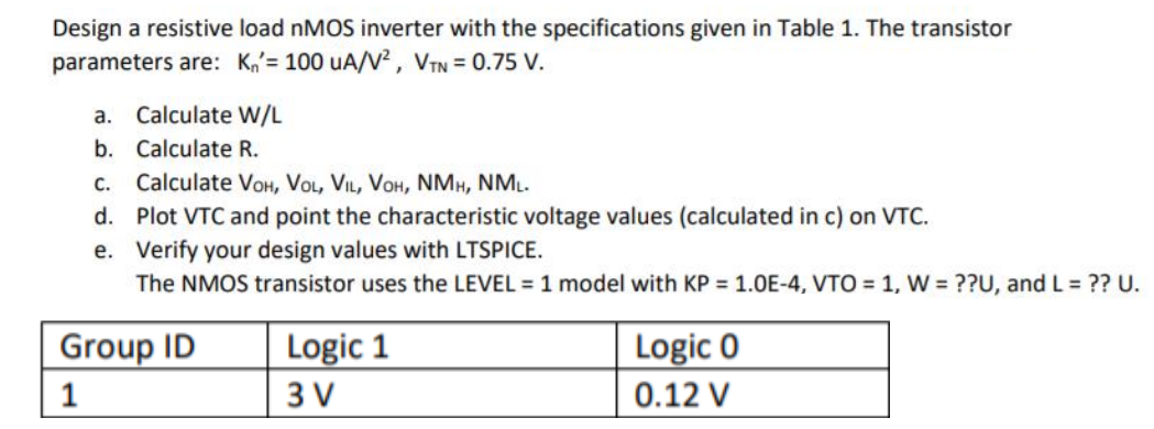 Solved Design a resistive load nMOS inverter with the | Chegg.com