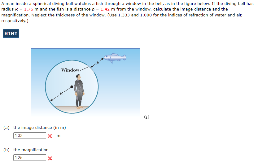 Solved A man inside a spherical diving bell watches a fish | Chegg.com