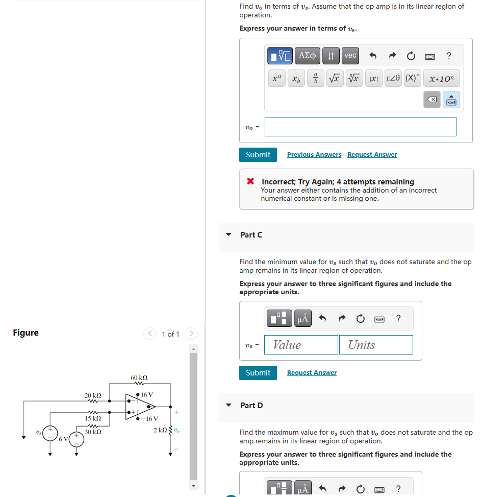 Solved Part B Find vo in terms of vs . Assume that the op | Chegg.com