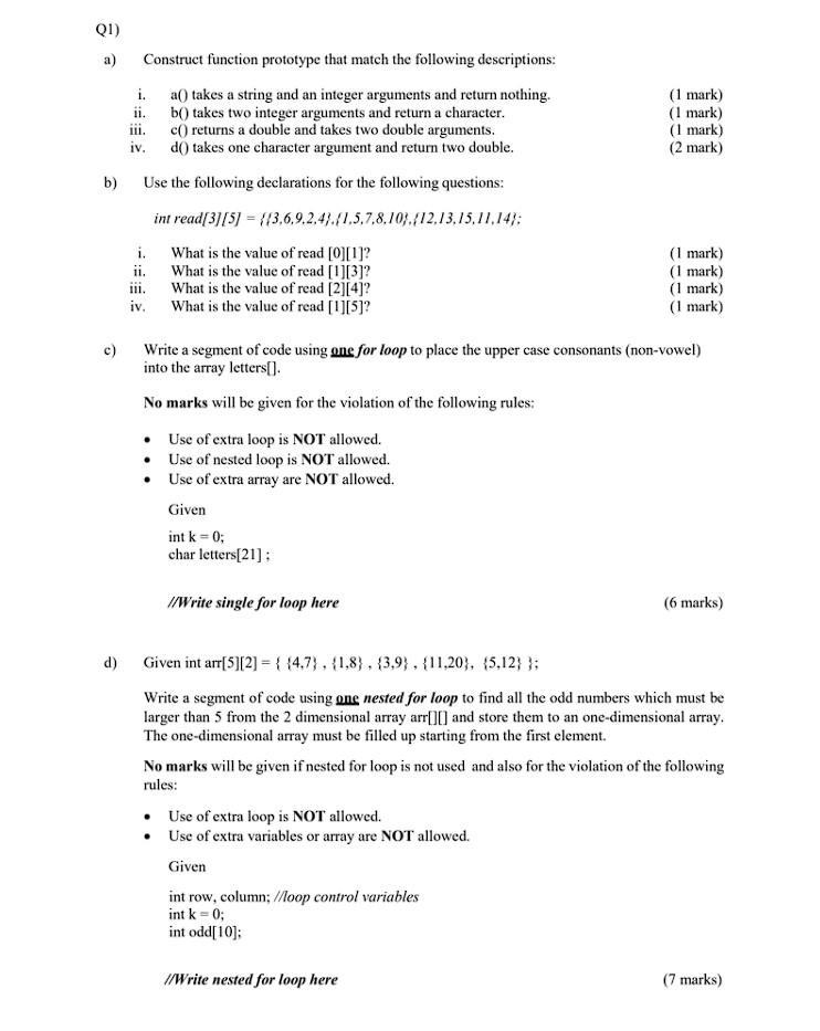 Solved Q1) a) (1 mark) (1 mark) (1 mark) (2 mark) b) | Chegg.com