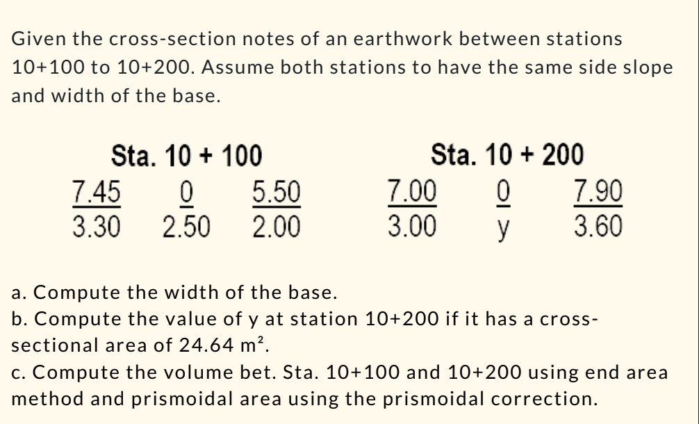 Solved Given the cross-section notes of an earthwork between | Chegg.com