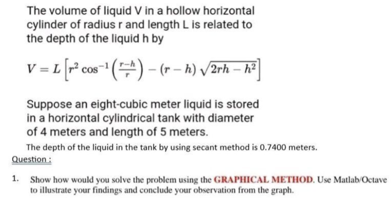 Solved The volume of liquid V in a hollow horizontal | Chegg.com