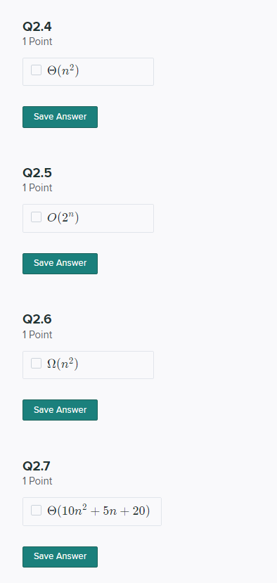 Solved he runtime function T(n)=2n2+3n+20 is in which of the | Chegg.com