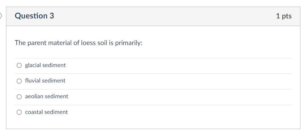 Solved Question 3 1 pts The parent material of loess soil is | Chegg.com