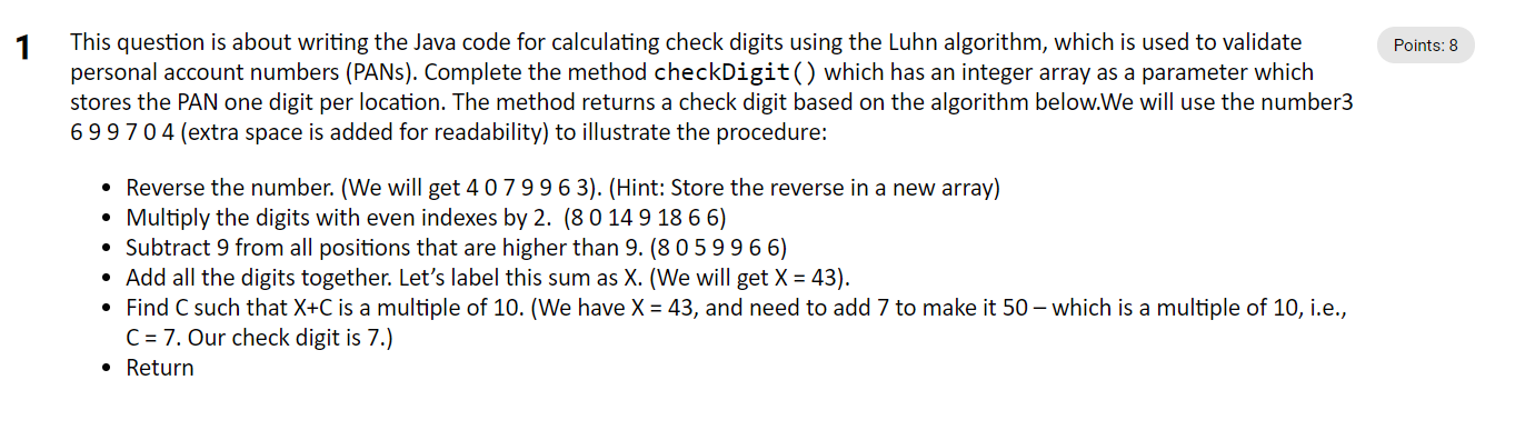 Solved 1 Points: 8 This question is about writing the Java | Chegg.com