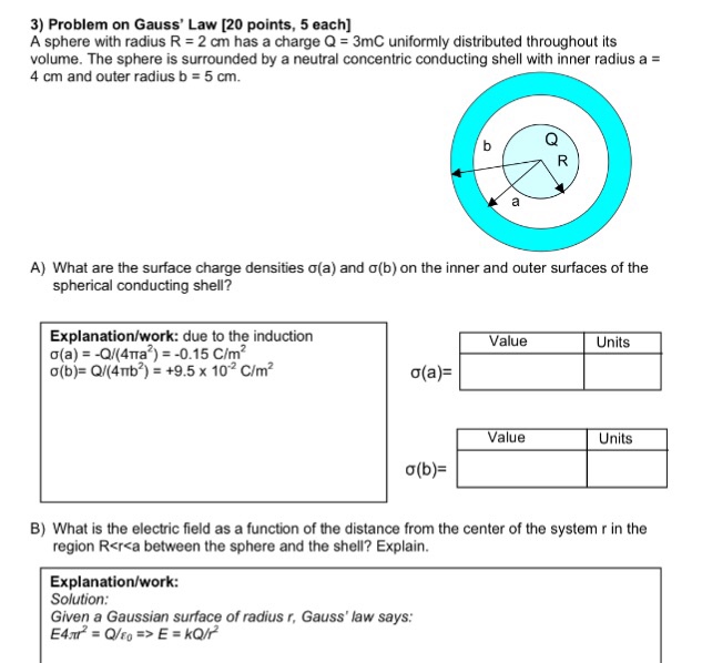 Solved 3) Problem on Gauss' Law [20 points, 5 each] A sphere | Chegg.com