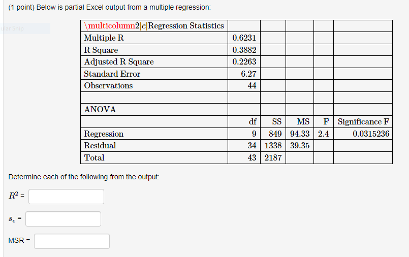 Solved 1 Point Below Is Partial Excel Output From A 