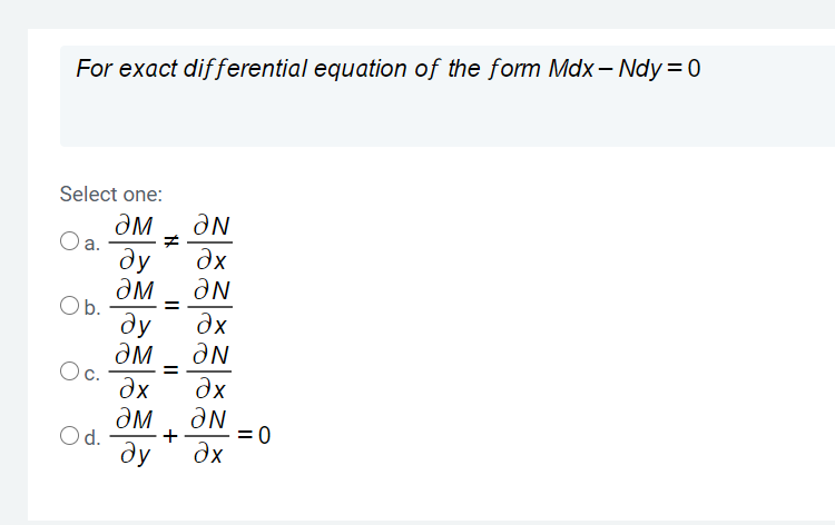 Solved For exact differential equation of the form Mdx - | Chegg.com