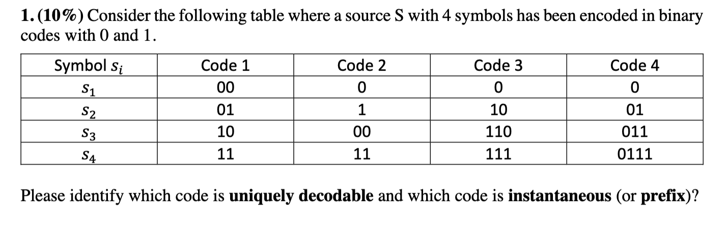 Solved 1.(10%) Consider the following table where a source S | Chegg.com
